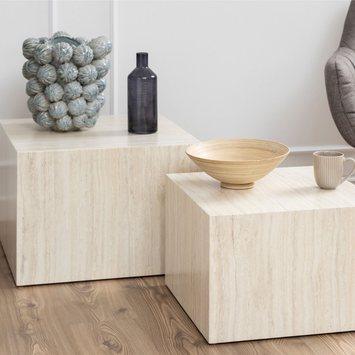 Dice Square Coffee Table Set in Light Travertine Effect - Perfectly ...