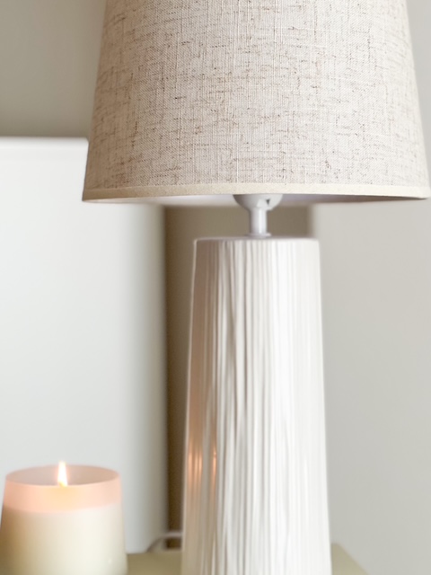 Textured base ceramic lamp with beige linen shade - Perfectly Lovely ...