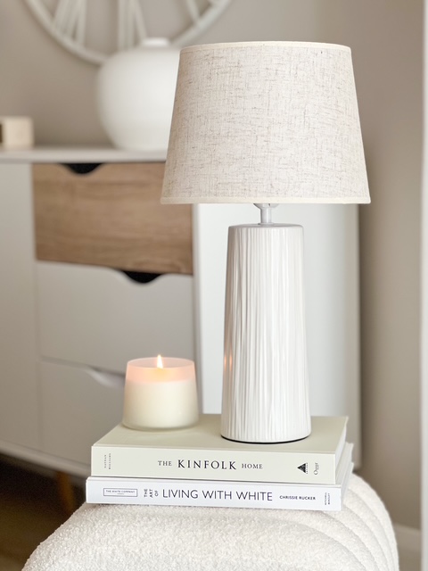Textured base ceramic lamp with beige linen shade - Perfectly Lovely ...