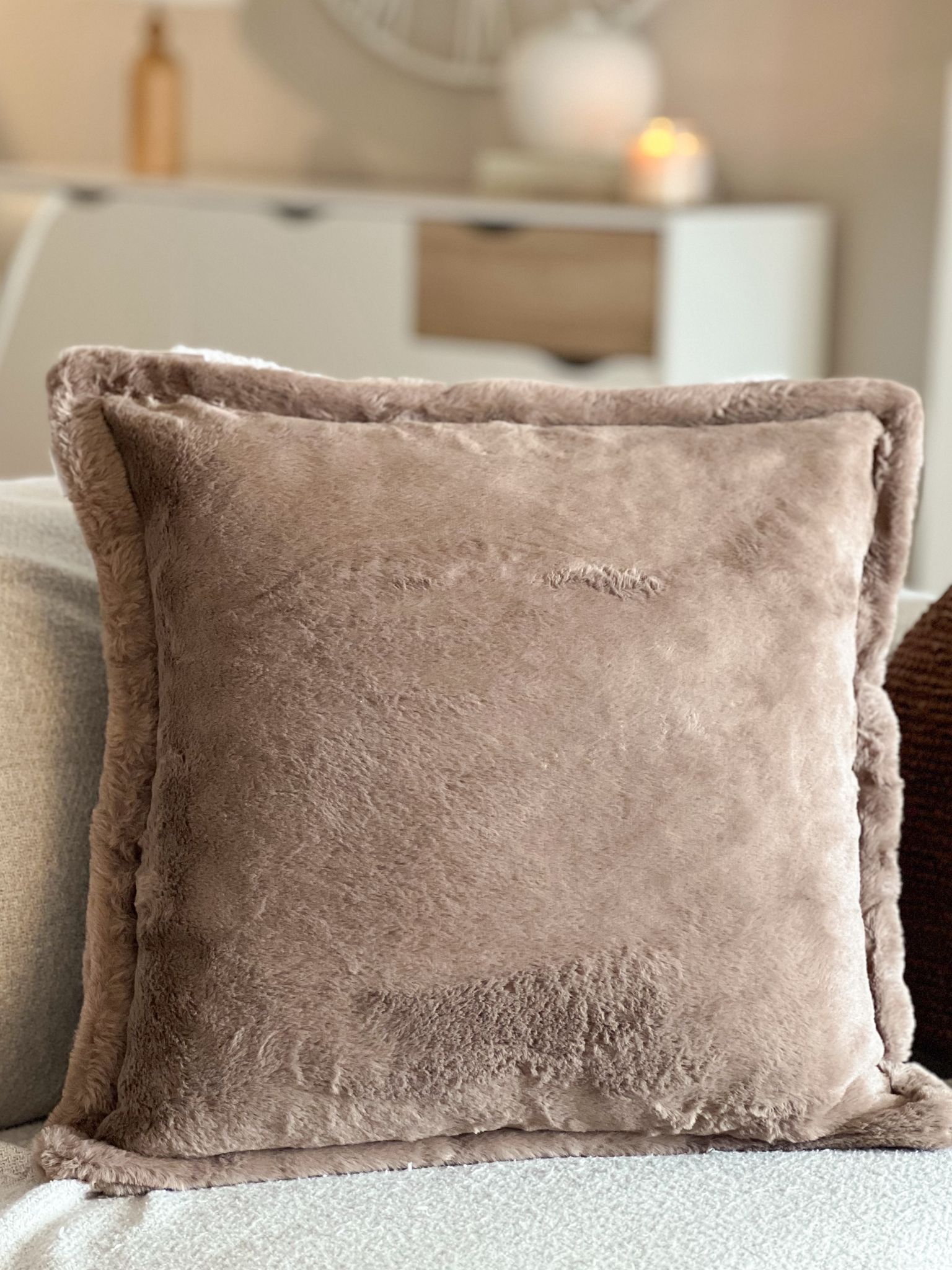 Super soft faux fur cushion in mocha - Perfectly Lovely Interiors