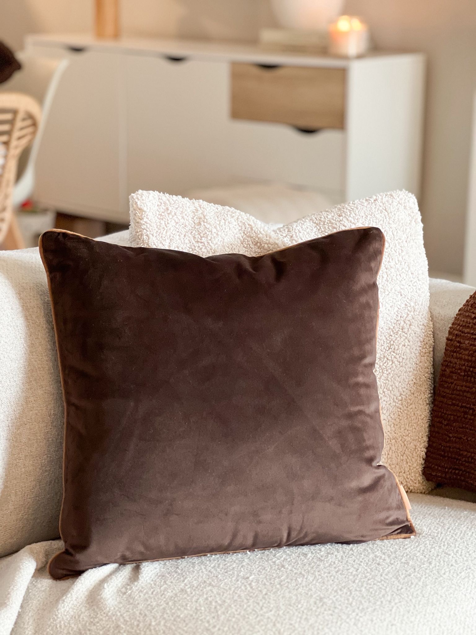 Luxury velvet cushion in chocolate brown with caramel edging ...