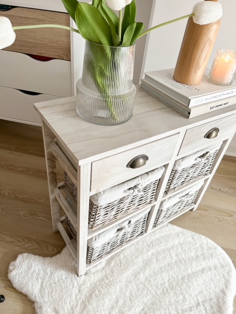 Grey sideboard with wicker baskets store